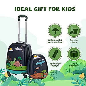 VLIVE Kids Luggage Set for Boys, 12” Backpack on Carry on Luggage for Kids, Travel Suitcase with Wheels for 3-5 years old, Dinosaur