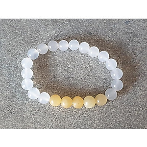 LKBEADS Natural White Agate & Yellow Jade 8mm rondelle smooth 7inch Semi-Precious Gemstones Beaded Bracelets for Men Women Healing Crystal Stretch Beaded Bracelet Unisex