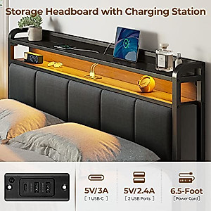 Rolanstar Bed Frame Queen Size with Charging Station and LED Lights, Upholstered Headboard with Storage Shelves, Heavy Duty Metal Slats, No Box Spring Needed, Noise Free, Easy Assembly, Dark Grey