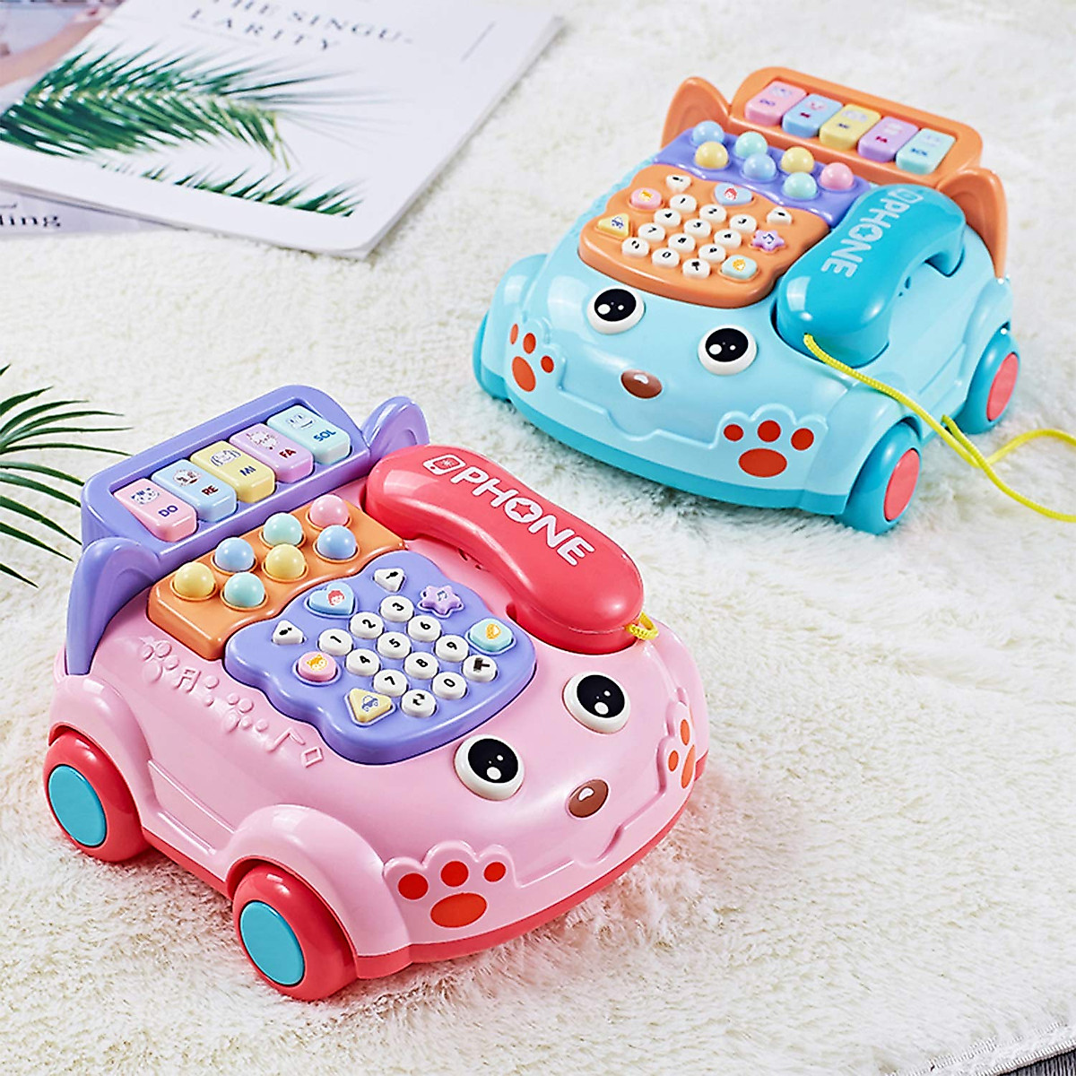 Chirldren Telephone Toy Cartoon Simulated Landline Smartphone Drag Function Call Play Piano Early Education Music Learn Hit Hamster Children Enlightenment Brain Toys Creative Gift for Kids Blue