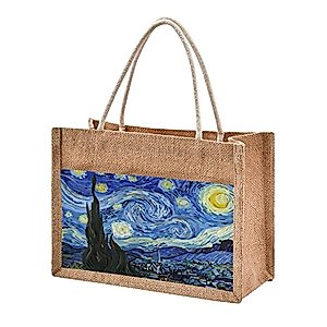 CaTaKu Van Gogh The Starry Night Jute Tote Bags with Handles & Zipper Reusable Shopping Grocery Bags Burlap Bags with Front Canvas Pocket Gift Bags for Wedding 12" x 9"