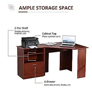 HOMCOM Computer Desk with Printer Cabinet, L-Shaped Corner Desk with Storage, Study PC Workstation for Home Office, Cherry