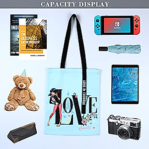 ZonLi Cute Tote Bag Aesthetic Miraculous Ladybug Cavas Tote Bag Funny Eco Reusable Book Beach Bags Shoulder Bag with Inner Pockets for Kids Students Girl Gifts Ideas Birthday Easter Saint Patrick