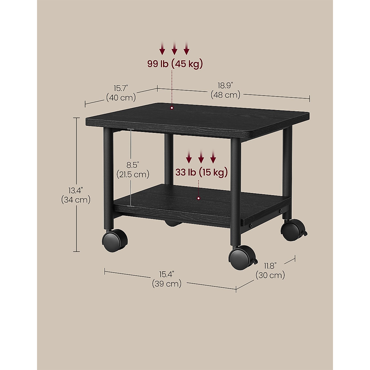 VASAGLE Industrial Under Desk Printer Stand, 2-Tier Mobile Machine Cart with Shelf, Heavy Duty Storage Rack for Office and Home, Black UOPS02B