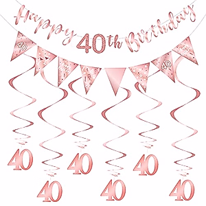 Rose Gold 40th Birthday Decoration for Girls, Happy 40th Birthday Banner Bunting Swirls, Triangle Flag Banner for 40 Birthday Party Decorations Supplies