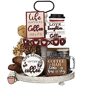 10 Pieces Coffee Tiered Tray Decor Rustic Wooden Coffee Bar Signs Wood Coffee Bar Decorations Farmhouse Coffee Bar Decor Coffee Vintage Table Centerpiece for Christmas Kitchen Party Decor