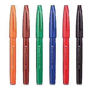 Pentel SES15C Black, Red, Blue, Green, Brown and Orange Brush Sign Pen (1pcs Each) - Value Pack
