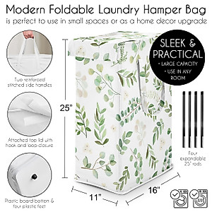 Sweet Jojo Designs Green Boho Floral Leaf Boy Girl Gender Neutral Laundry Hamper Foldable Dirty Clothes Basket with Handles Baby Nursery Kids Bedroom Teen Bathroom White Bohemian Watercolor Botanical