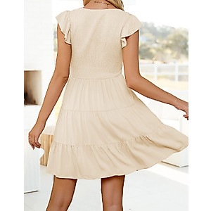 ZESICA Womens 2024 Summer Casual V Neck Flutter Sleeve Bohemian Ruffle Smocked A Line Swing Mini Dress,Beige,X-Large