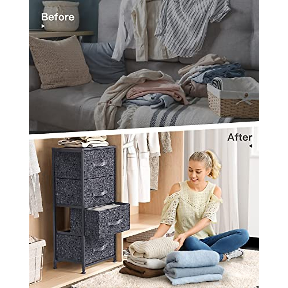 Pipishell Dresser with 4 Drawers, Tall Storage Tower with Sturdy Steel Frame Wood Top，Fabric Dresser Organizer Unit for Bedroom, Hallway, Entryway, Closets, Nursery Room Black