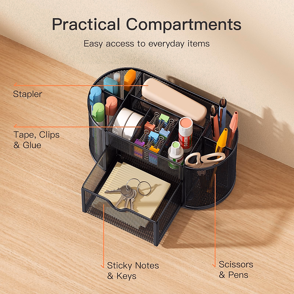 Desk Organizer Mesh Desktop Office Supplies Multi-functional Caddy Pen Holder Stationery with 8 Compartments and 1 Drawer for Office, Home, School, Classroom by Pipishell