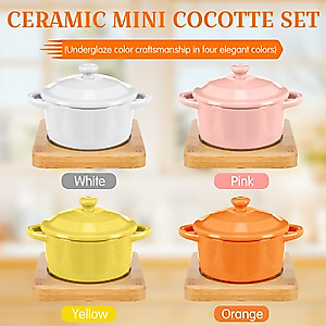 Mimorou 4 Set 7 oz Ceramic Mini Cocotte with Lid and Wooden Base Small Casserole Dishes with Lids Ceramic Soup Bowls Baking Ramekins Round Casserole for Home Thanksgiving Pumpkin Soup