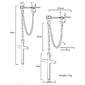 Cross Earrings Dangle Drop Chain Earring for Women Punk Goth Ball Dangling Chain Stud Earrings Silver