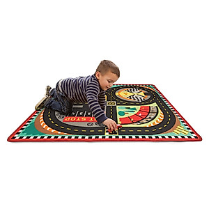 Melissa & Doug Round the Speedway Race Track Rug With 4 Race Cars (39 x 36 inches) , Black