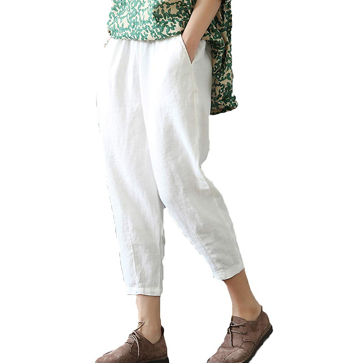 LaovanIn Women's Linen Cropped Pants Tapered Ankle Capris Trousers Elastic Waist Large White