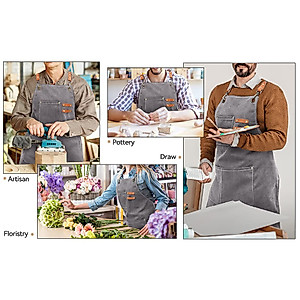 NLUS Canvas Chef Apron, Cross Back Heavy Duty Waterproof Work Apron with Adjustable Straps and Large Pockets for Men Women, Size M to XXL (GREY),27in * 30in