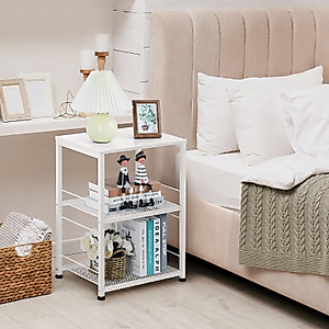 OYEAL End Table, Small Side Table Living Room, White Nightstand with 2-Tier Storage Shelf, Printer Stand Sofa Table for Small Spaces, Living Room, Bedroom, Easy Assembly