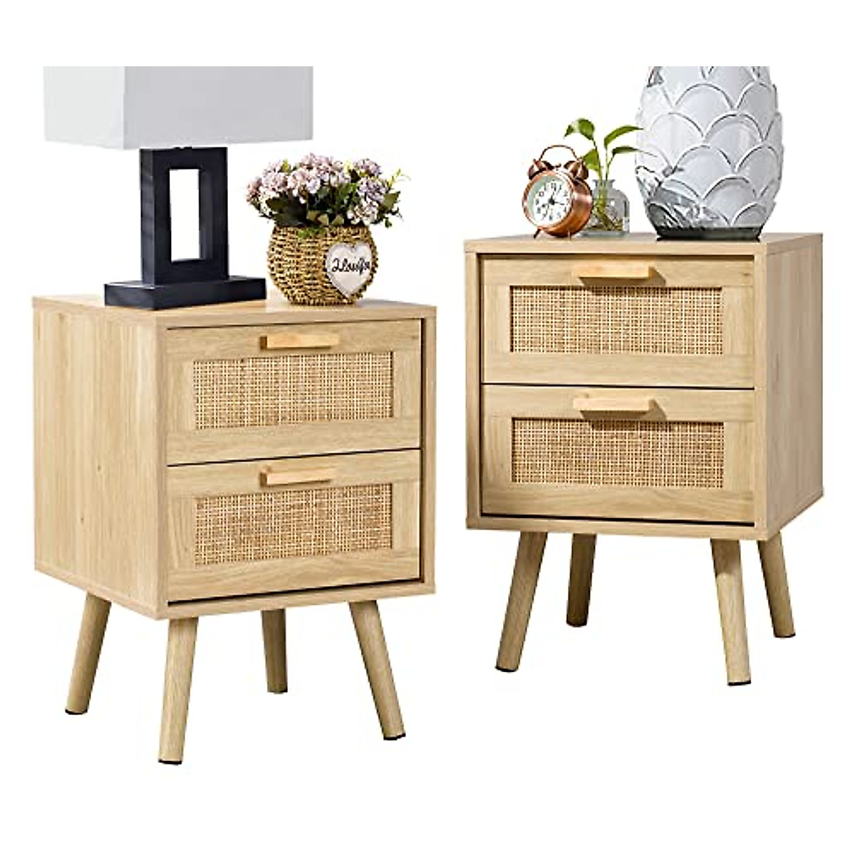 Finnhomy Nightstand, End Table, Side Table with 2 Hand Made Rattan Decorated Drawers, Nightstands Set of 2, Wood Accent Table with Storage for Bedroom, Natural, 2 Pack