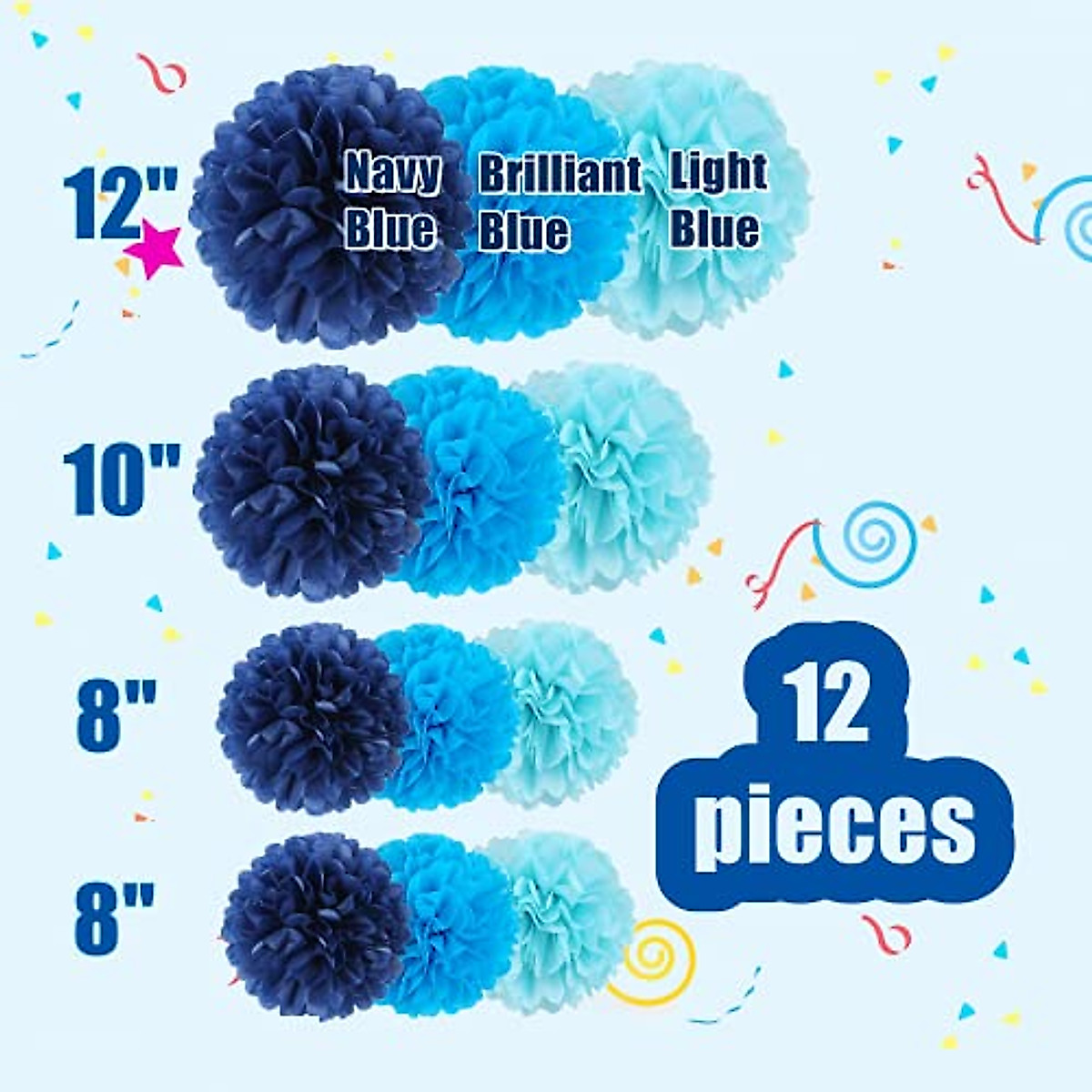 12 Pcs Tissue Pom Poms Kit, Tissue Paper Flowers for Birthday, Boy Baby Shower, Nursery, Graduation, Bachelorette Party Decoration (Blue Mix)