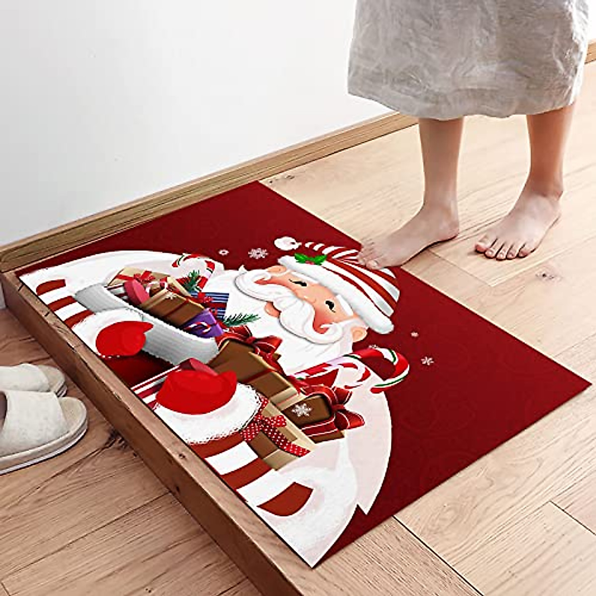 2 Piece Santa Claus Kitchen Rug Set Merry Christmas Indoor Floor Mats for Winter, Xmas Door Mat Runner Rug Carpet Mat for Kitchen Home Decor (15.7" x 23.6"+15.7" x 47.2") - Santa Claus Hold Gifts