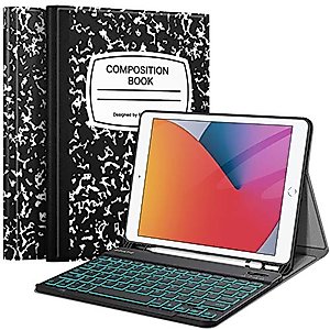 Fintie Keyboard Case for iPad 9th / 8th / 7th Generation (2021/2020/2019) 10.2 Inch, Soft TPU Back Cover with Magnetically Detachable Bluetooth Keyboard & Pencil Holder, 7 Color Backlight, Composition