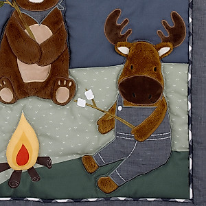 NoJo Into The Wilderness Navy, Green, and Brown, Camping Bear, Moose, Eagle, and Beaver Campfire 4 Piece Nursery Crib Bedding Set - Comforter, Cotton Fitted Crib Sheet, Crib Skirt, and Storage Tote