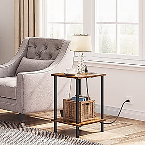 HOOBRO Side Table with Charging Station, End Table with USB Ports and Outlet, Nightstand with 2-Layer Storage Shelves for Small Spaces, Living Room, Bedroom, Stable Frame, Rustic Brown BF09UBZ01