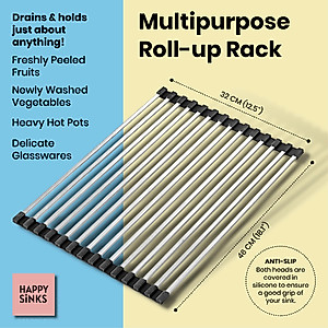 Happy Sinks Roll Up Dish Drying Rack - Foldable Stainless Design for Maximizing Kitchen Space - Over Sink Rack - Stainless Steel Over Sink Dish Drainer 18.1" x 12.6" - Drying Rack Kitchen (Steel)