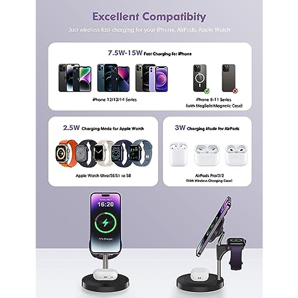 3 in 1 Wireless Charging Station for Multiple Devices Apple, Aeinidi 15W Fast Mag-Safe Charger Stand, Magnetic Charger for iPhone 14 13 12 Pro Max/Plus/Pro/Mini, Apple Watch, AirPods Pro 3 2, Black