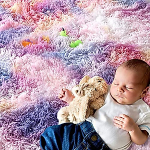 COZYLOOM Soft Fluffy Rainbow Kids Rug Luxury Soft Fluffy Shag Area Rug for Girls Room Plush Thick Non-Slip Indoor Shaggy Rug for Living Room Bedroom Nursery Entryway Cute Carpet 6 x 9 ft Tie-Dyed Pink