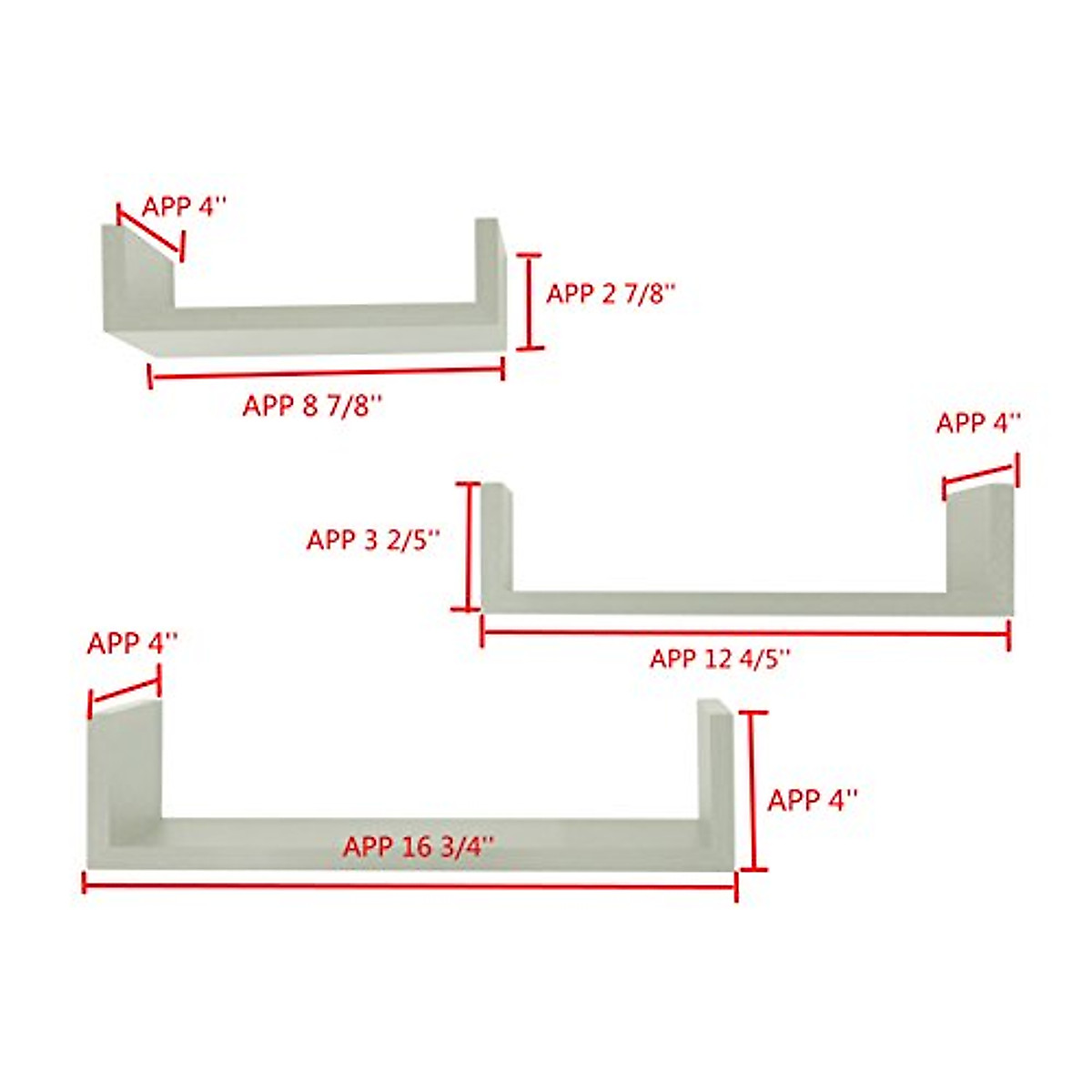 EWEI'S HomeWares 3 Floating U Shelves,8.5" D x 17.9" W x 4.6" H, White