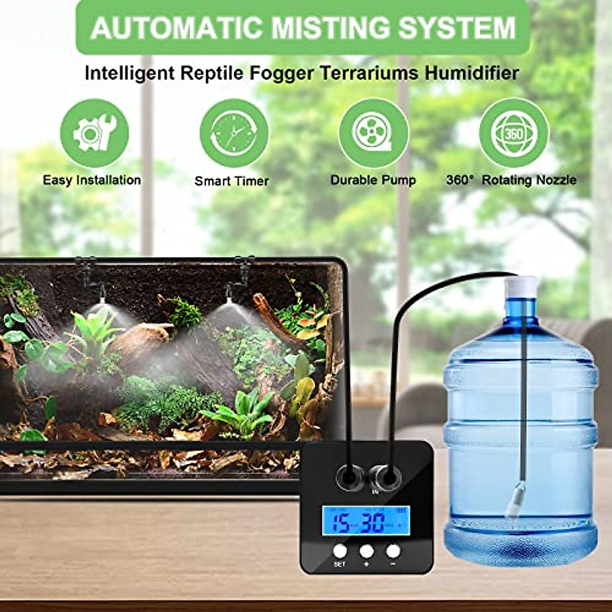 Alldeer Reptile Humidifier, Misting System for Reptile Terrariums, Automatic Reptile Mister with Timer, Adjustable 360° Spray Nozzles, LCD Display, Aluminum Shell, for Chameleon Reptiles