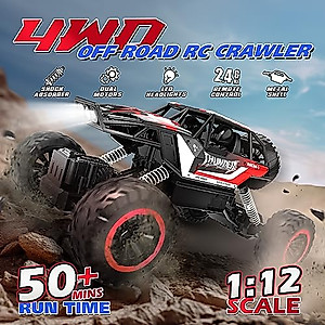 DEERC 1:12 Remote Control Car with Metal Shell, 4WD Off Road Monster Truck, Dual Motors LED Headlight RC Rock Crawler, 2.4Ghz All Terrain Hobby RC Cars Toys for Boys Kids Adults Gifts (W/2 Batteries)
