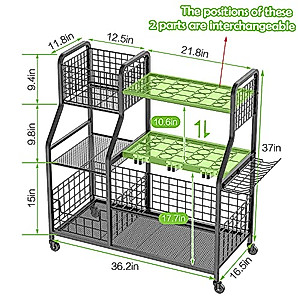 JKsmart Garden Tool Organizer for Garage, Large Utility Yard Tool Organizers and Storage Holder with Wheels, 3 Tier Garden Tool Rack with Extra Storage Basket for Garden/Garage/Shed/Basement