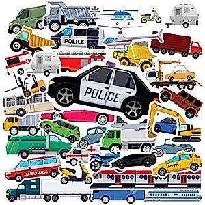 HK Studio Vehicle Stickers - Transportation Stickers with Cars, Train, Motorbike, Police Car, Fire Trucks, School Bus, Cranes and More
