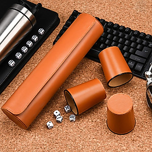 Party Games Leather Dice Cup Set, 5 Leather Dice Cups + 25 Dice + Exclusive Storage and Transport Case Made of Faux Leather with Magnetic Closure