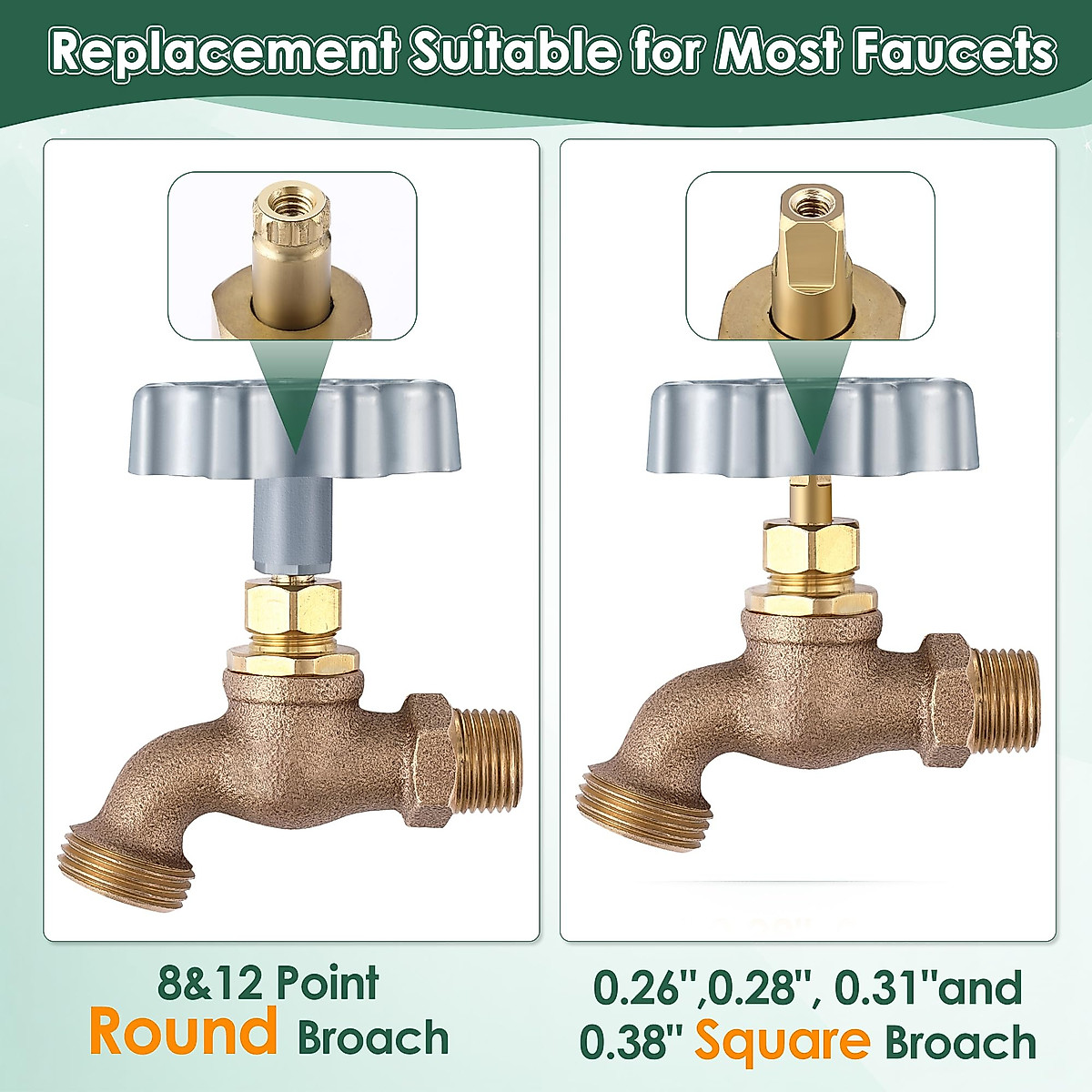 2 Pack Outdoor Faucet Handle, Water Spigot Handle Compatible with Danco 10006, Hose Bib Handle with Adapter and Screws for 8&12 Point Round Broach, 0.26", 0.28", 0.31"&0.38" Square Broach, Silver