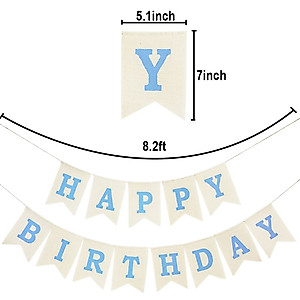 Blue Happy Birthday Banner, Assembled Burlap Happy Birthday Sign for Birthday Party Decorations