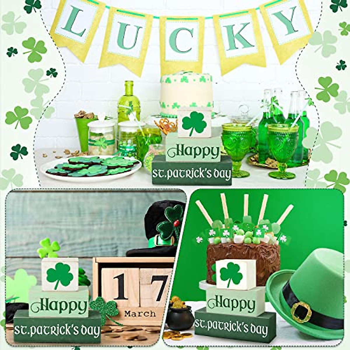 3 Pcs Farmhouse St. Patrick's Day Table Sign Irish St. Patrick's Day Table Wood Decorations Shamrock Clover St. Patricks Day Blocks Lucky Print St. Patrick's Day Tiered Tray Decor for Party Home Desk