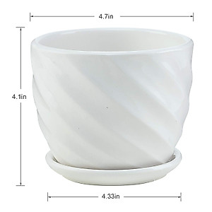 sietpoek Plant Pots - 4.7 Inch Cylinder Ceramic Planters with Connected Saucer, Pots for Succuelnt and Little Snake Plants, Set of 4, White