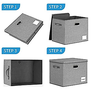 LHZK Extra Large Storage Bins with Lids 16x12x12 Foldable Linen Fabric Storage Boxes with Lids, Decorative Fabric Storage Bins with Label & 3 Handles for Shelves Bedroom Home Office (Grey, 2-Pack)
