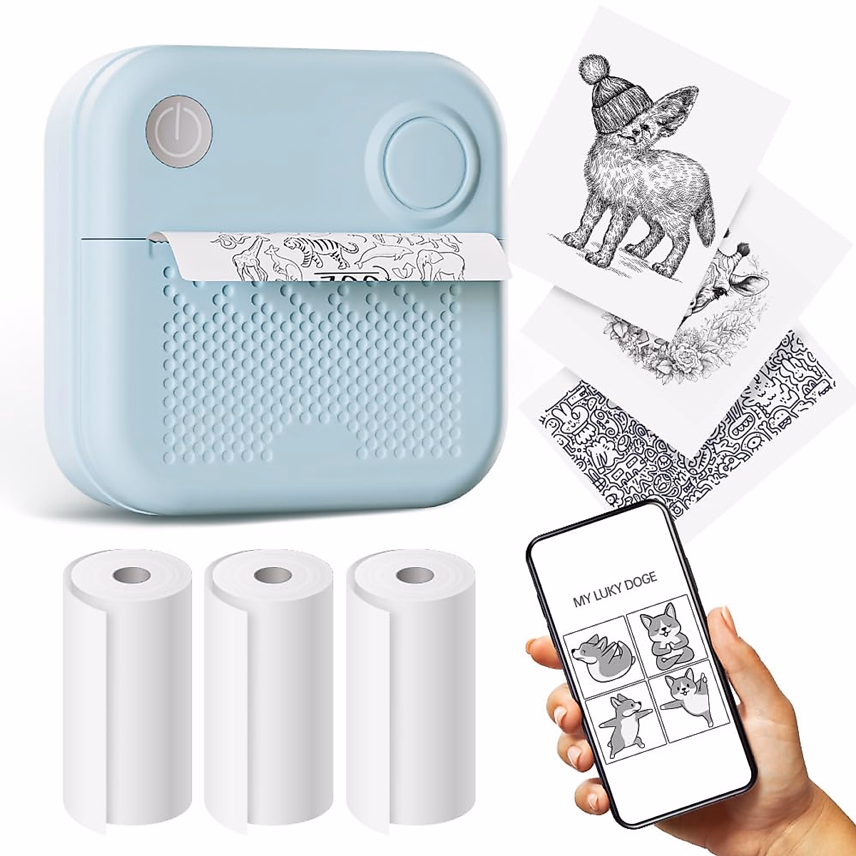 Mini Printer Sticker Thermal Printer with 3 Rolls Paper, Bluetooth Portable Phone Printer,Study Printer for Pictures, Photos, Journals, DIY, Compatible with Phone & Tablet…