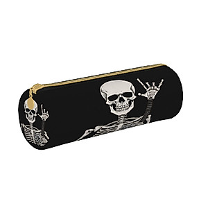 Rock And Roll Skeleton Skull Boho Hippie Cylinder Pencil Case Holder Zipper Pen Bag Pouch Students Stationery Cosmetic Bag
