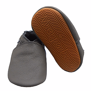Mejale Baby Infant Rubber Sole Shoes Toddler Boy Moccasins Crawling Leather Shoes Anti-Slip Girl Walking Slippers Newborn Gift(Dark Grey, 6-12 Months, M)