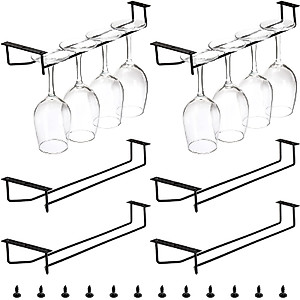 Dicunoy 6 Pack Black Wine Glass Rack, 14 Inch Under Cabinet Stemware Holder, Wall Mounted Iron Wine Glass Hanging Rack for Shelf, Kitchen, Bar, Wine Cellar Storage, Organizer, Display