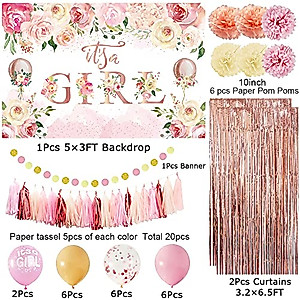 Baby Shower Decorations for Girl,Floral Theme Girl Baby Shower Balloons,It Is A Girl Backdrop Sign for Pink Baby Shower Party Supplies