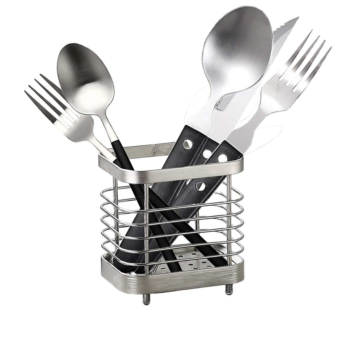 KEINEUX Utensil Holder Kitchen Countertop Organizer, Cutlery Drainer Sink Caddy Storage Drying Rack for Silverware Flatware and Cookware, Stainless Steel, Silver-4"