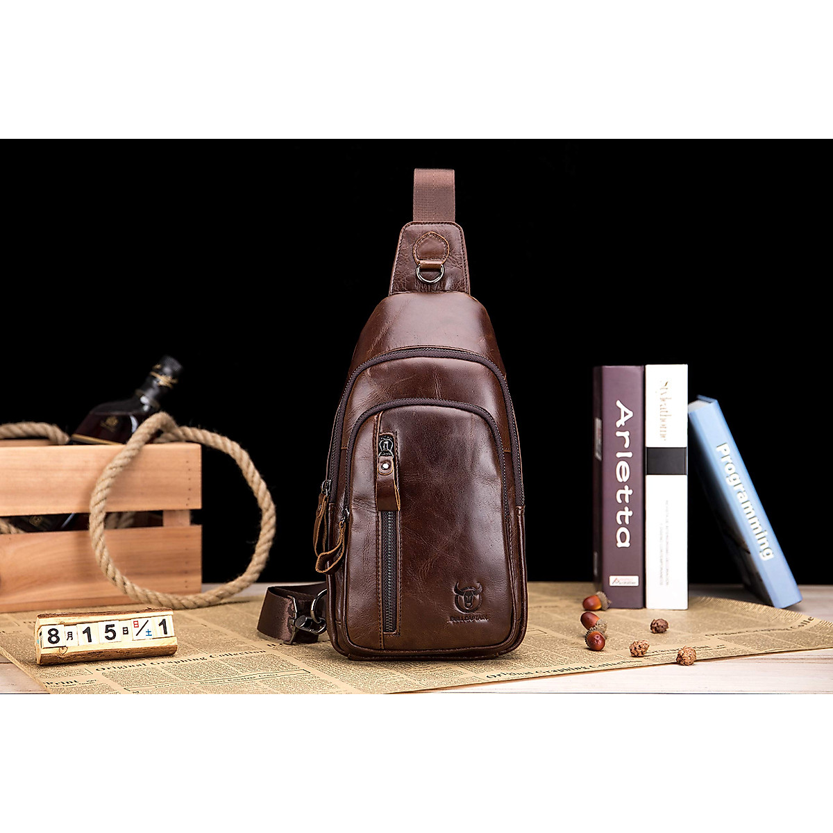 Sling Bag, Leather Chest Bag Crossbody Shoulder Business Backpack Outdoor Coffee