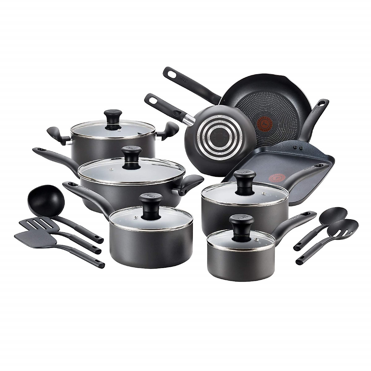 T-fal Initiatives Nonstick Cookware Set 18 Piece, Oven Broiler Safe 350F, Kitchen Cooking Set w/ Fry Pans, Saucepans, Stockpots, Skillet, Spoons, Lids Pots and Pans Set Non Stick Dishwasher Safe Black