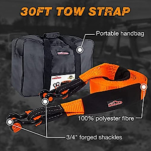 Autofonder Tow Strap (3”x30’) with Heavy Duty 3/4 D Ring Shackles (2pcs)-30,000lb Break Strength-12T Offroad Vehicle Towing Rope with Storage Bag-Triple Reinforced Loop Emergency Recovery Straps